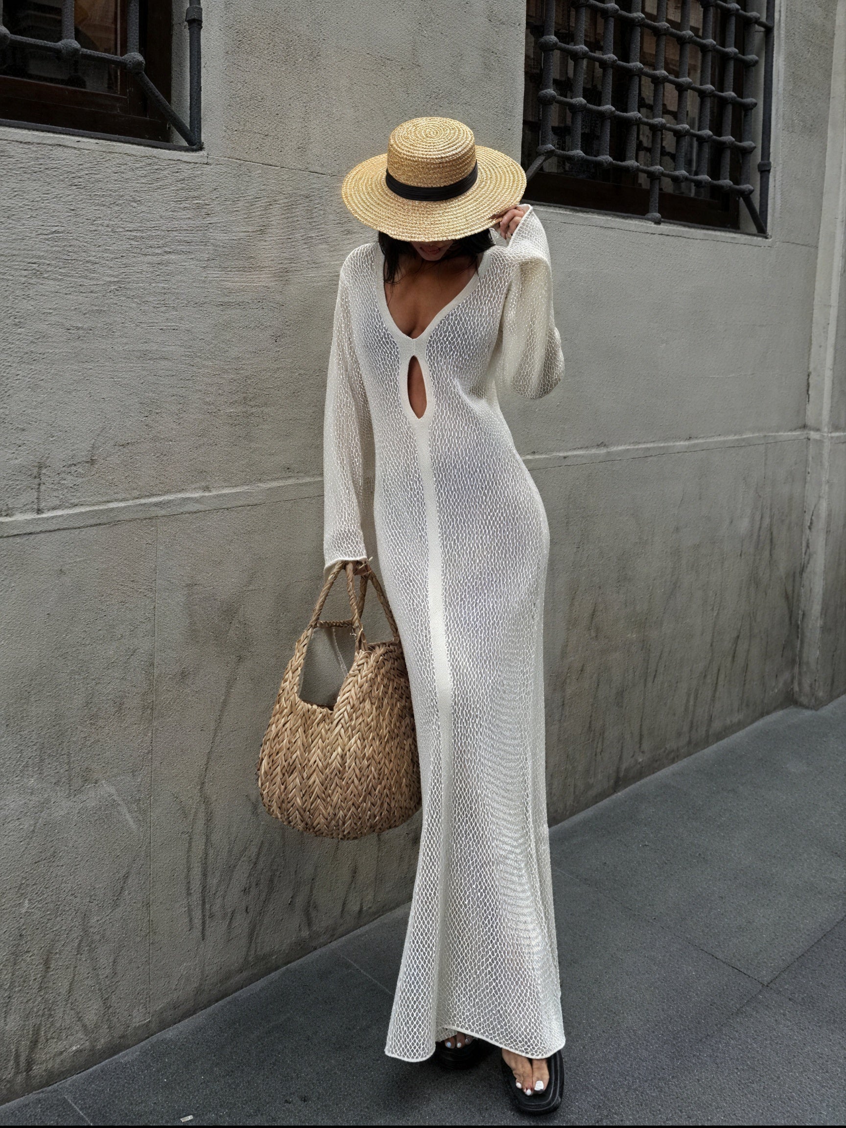 Damen Maxi-Strandkleid – Transparent, Strick, Cutouts, Lange Ärmel ...